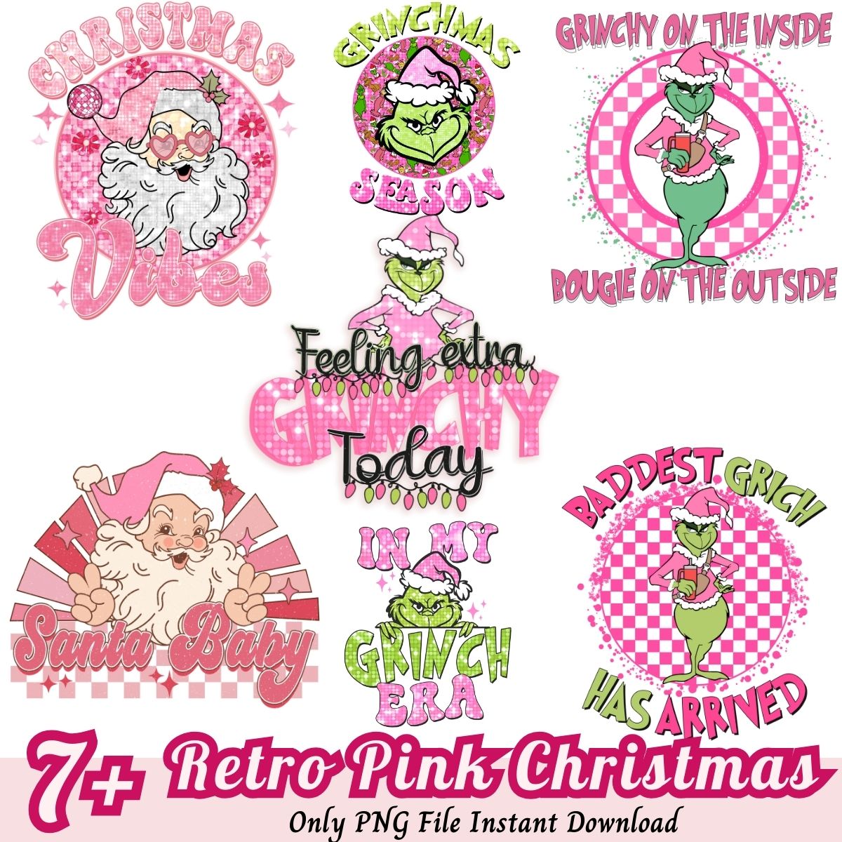 Retro Christmas Pink Grinch characters bundle PNG, Christmas character ...