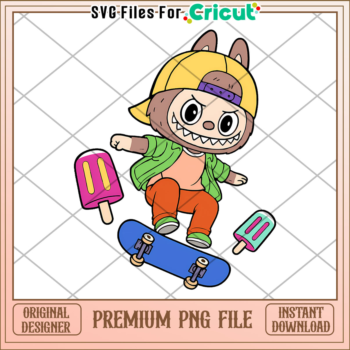 Brow labubu yellow hat skating png, labubu cartoon png, labubu charact ...