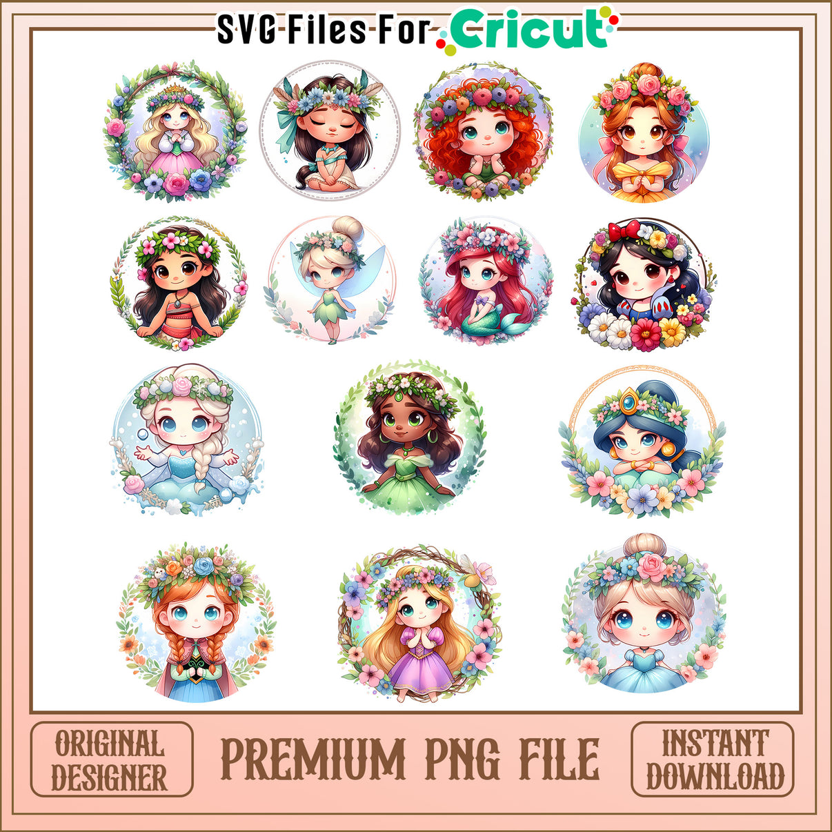 Disney princess chibi flower bundle png, disney princess png – svg ...