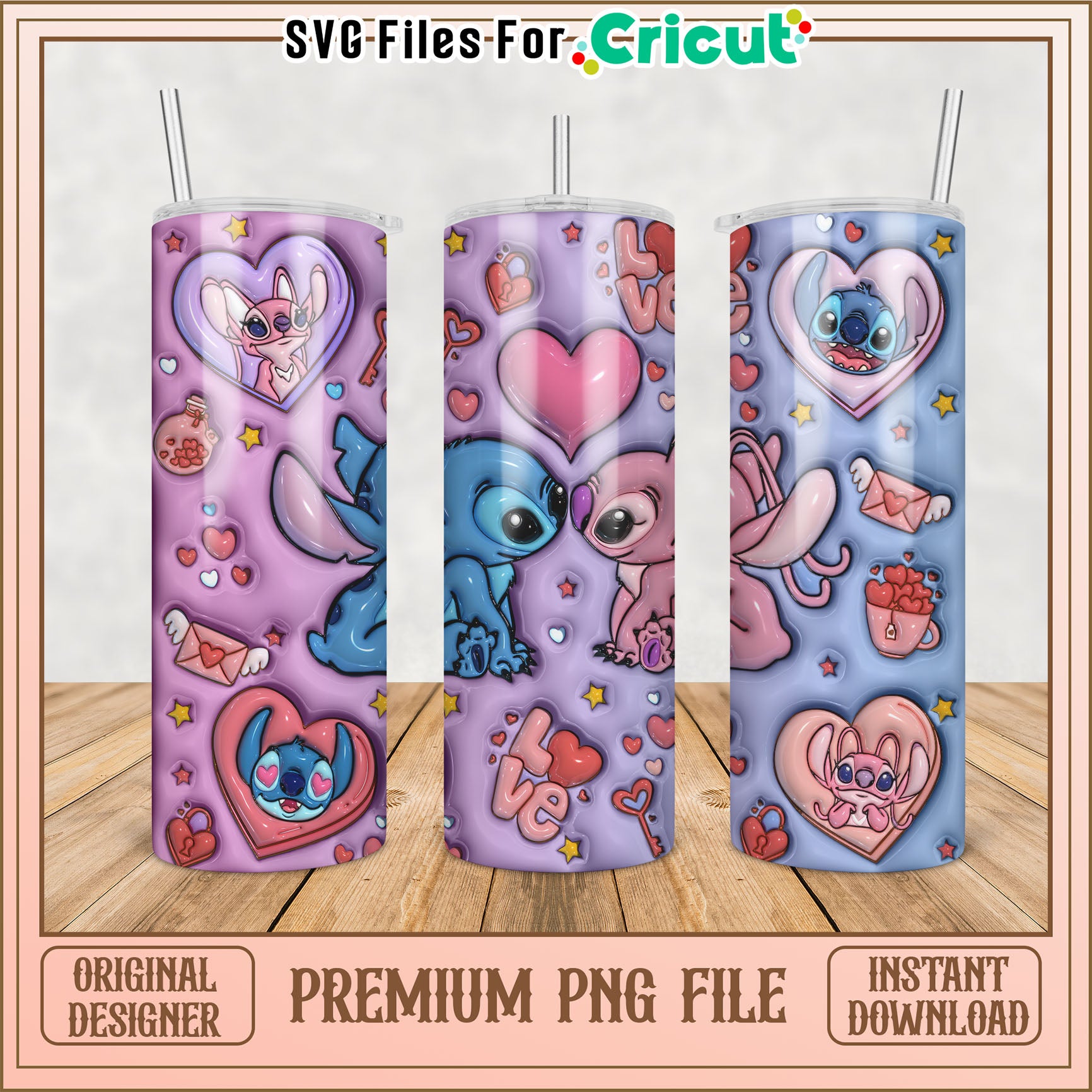 Cute Tumbler Design PNG for Cricut with Heart and Cartoon Characters ...