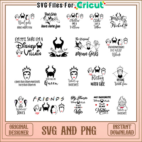 Disney villains friends black white bundle svg, disney villain quote s ...