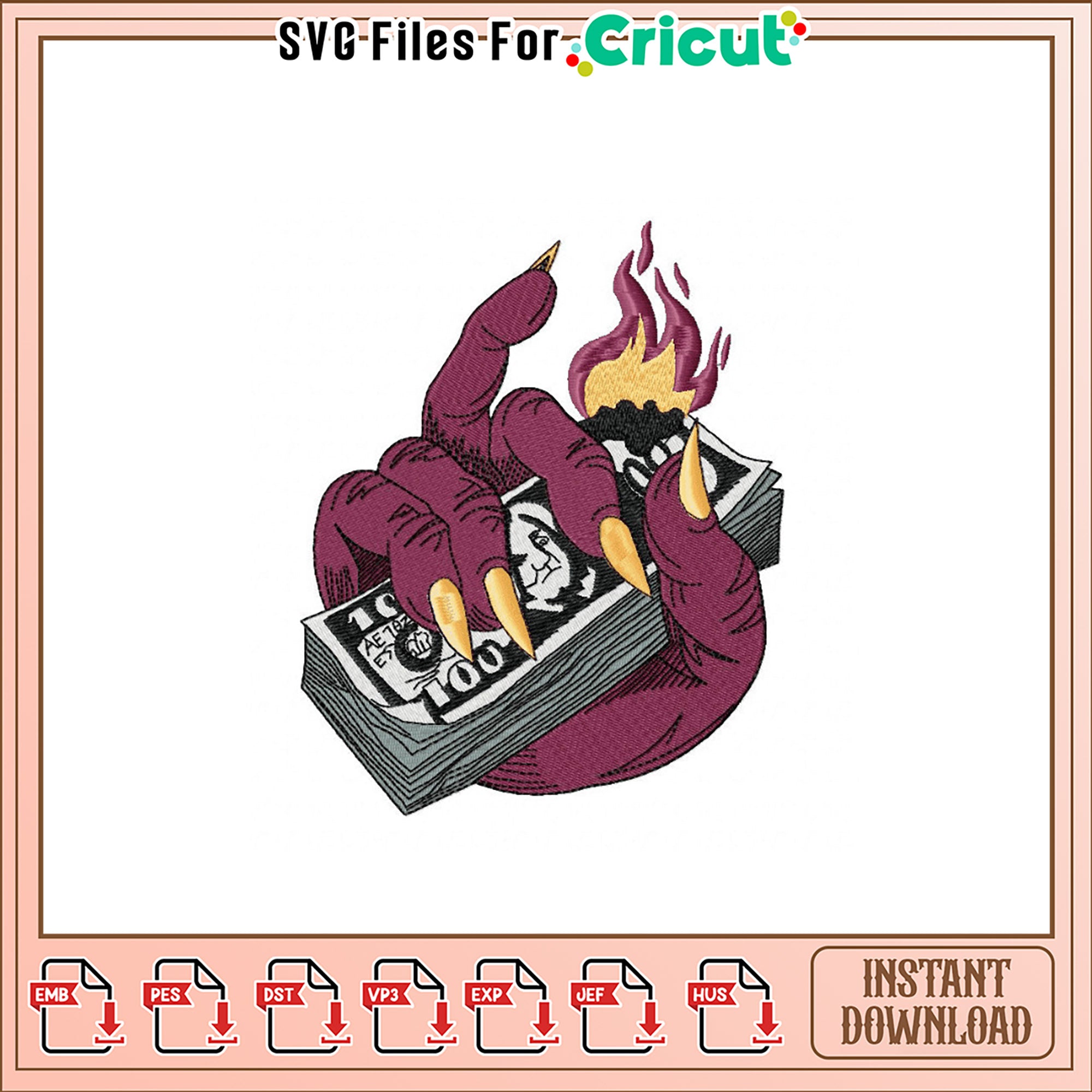 Flaming Money Hand Embroidery Design – svg files for cricut