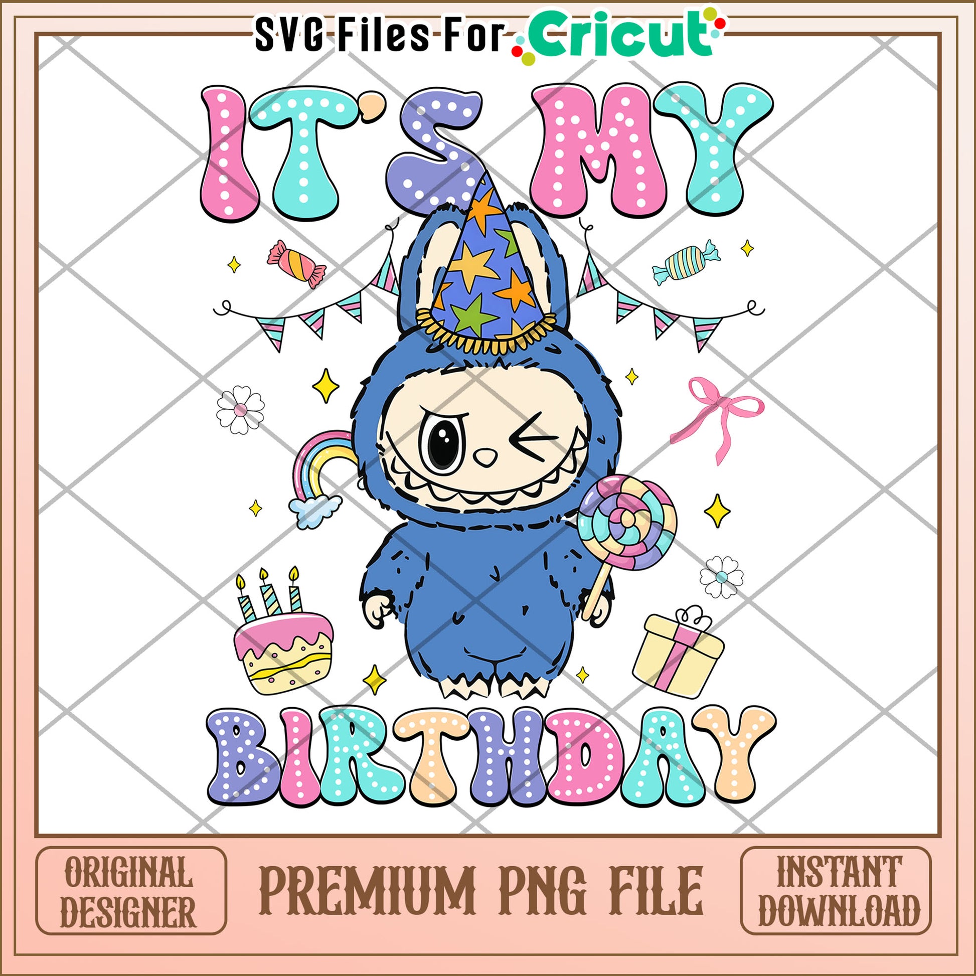 Labubu it's my birthday blue characters design png, labubu popmart png ...